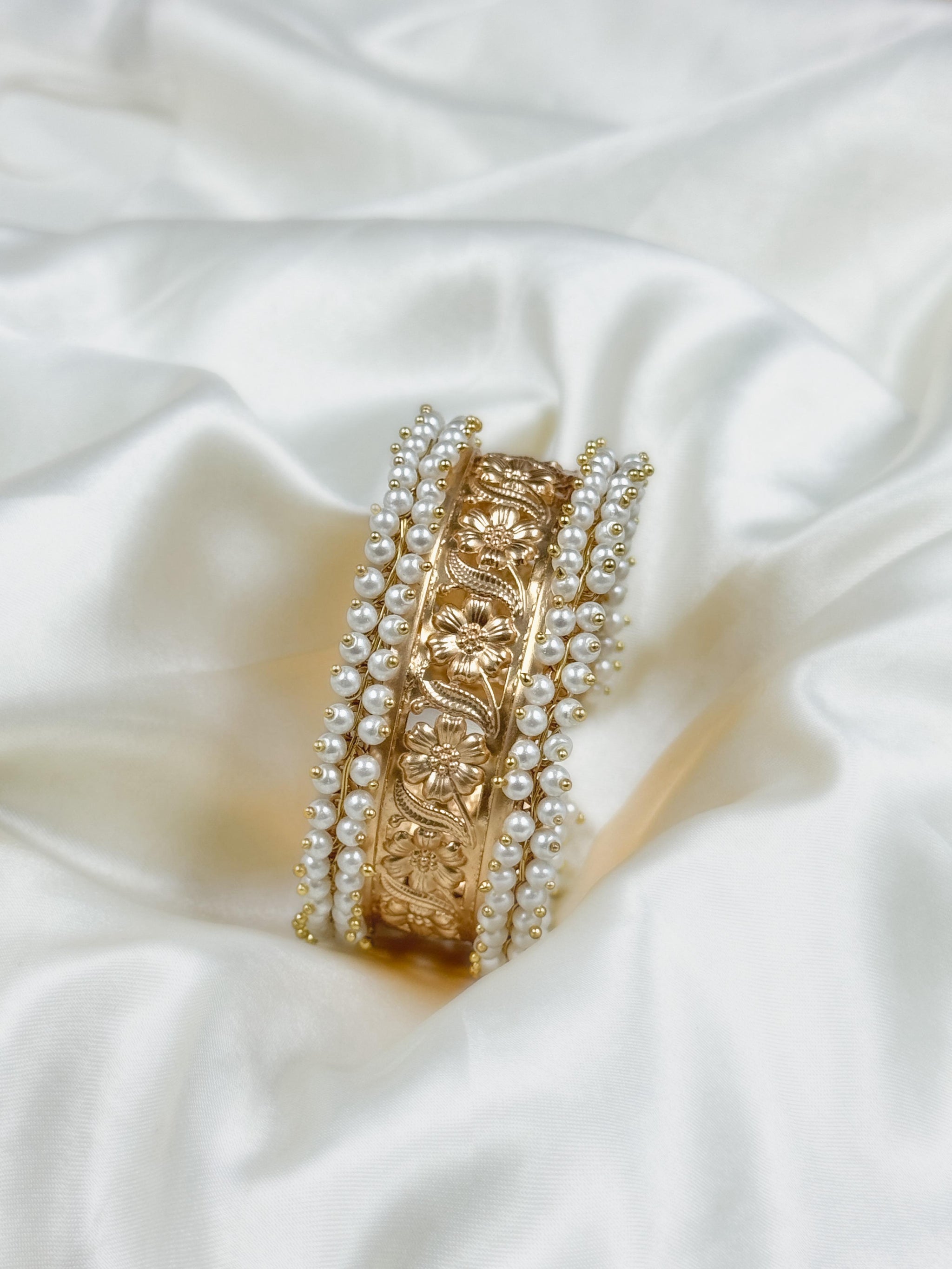 Floral Pattern Handmade Kada With Pearl