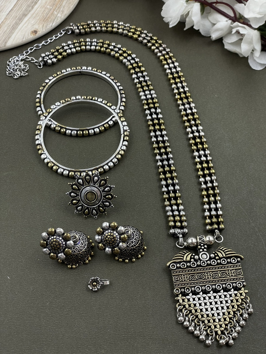SABRINA 3 LINE DUAL TONE NECKLACE JEWELLERY SET COMBO – Naman Arts